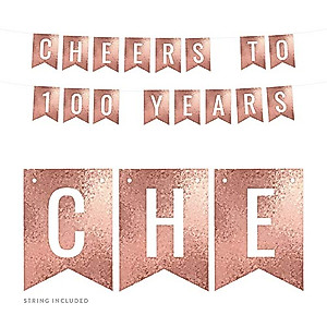 Andaz Press Rose Gold Glitter Mosaic Birthday Party Banner Decorations, Cheers to 100 Years, Approx 5-Feet, 1-Set, 100th Birthday Milestone Colored Hanging Pennant Decor