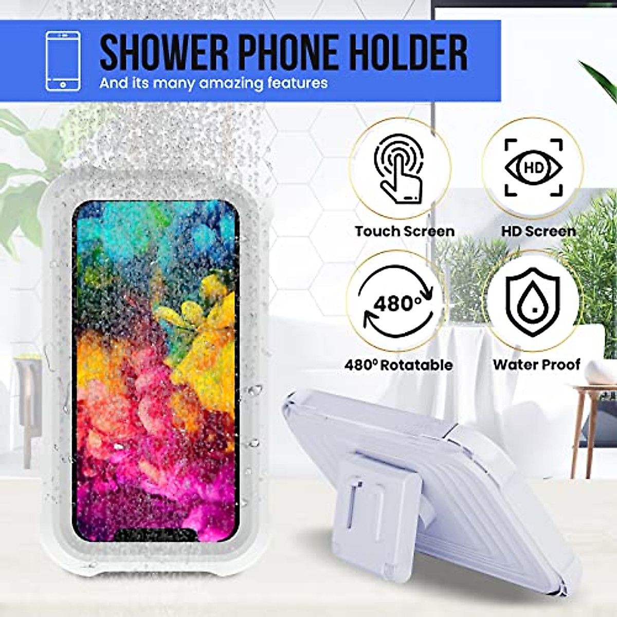 Spread Pixie Dust Shower Phone Holder Waterproof Upgraded Phone Shower Holder Wall Mount Bathroom TV Shower Gadget Shower Accessory Phone Mount iPhone Shower TV (Pure White)