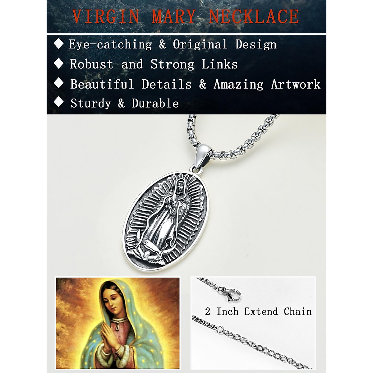 Seiyang Virgen de Guadalupe Necklace Sterling Silver Virgin Mary Pendant Miraculous Medal Pendant Religious Gift for Women Mom