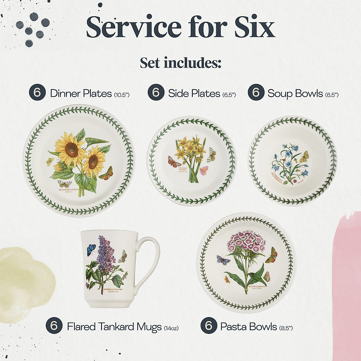 Portmeirion Botanic Garden 30 Piece Earthenware Dish Set | Dinnerware Set for 6 | Earthenware Dish Set | Includes Dinner Plates, Side Plates, Mugs, Soup Bowls, & Pasta Bowls