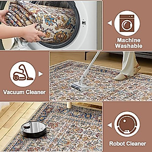 Area Rugs for Living Room Bedroom: 8x10 Rug Machine Washable with Non-Slip Backing Non-Shedding Stain Resistant, Boho Floral Large Carpet for Dining Room Nursery Home Office Indoor Decor (Blue/Brown)