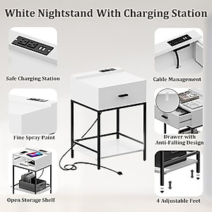 Facofaco White Nightstand with Charging Station and USB Ports, 3-Tier End Table with Wood Drawer Storage Shelf, Tall Small Bed Side Table for Small Spaces Living Room, Bedroom