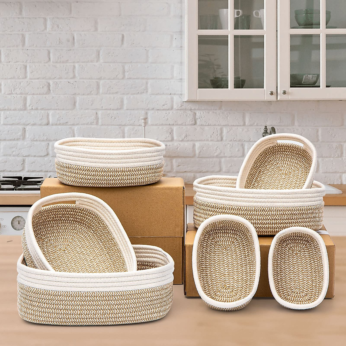 HLWDFLZ 7 Piece Cotton Rope Woven Basket Set - Woven Storage Basket Pets Toy Cotton Rope Basket for Organizing, Small Basket for Montessori, Dog Cat Toy Box, Baby Nursery (Off White/Brown)