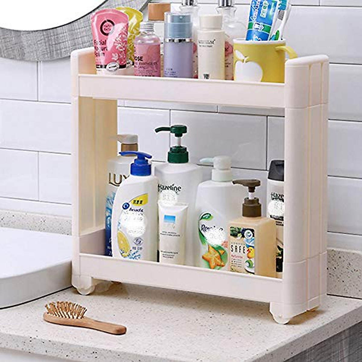 3 Tier Slim Storage Cart Narrow Storage Cart Slide Out Storage Tower Bathroom Organization and Storage Mobile Shelving Unit Organizer Pantry Storage Rack for Narrow Spaces