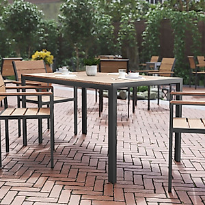 Flash Furniture Finch Commercial Grade Outdoor Dining Table 55" x 31" with Faux Teak Poly Slats and Metal Frame, Natural/Gray