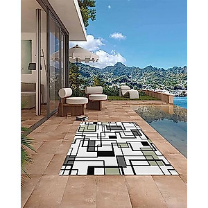 Sage Green Geometric Outdoor Rug for Patio/Deck/Porch, Non-Slip Large Area Rug 5 x 8 Ft, Black Gray Modern Abstract Art Indoor Outdoor Rugs Washable Area Rugs, Reversible Camping Rug Carpet Runner