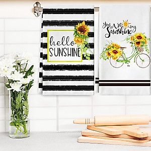 AnyDesign Sunflower Kitchen Dish Towel 18 x 28 Inch Seasonal Watercolor Flower Bicycle Cloth Tea Towel White Black Stripes Spring Summer Farmhouse Decorative Hand Towel for Kitchen Home Cooking, 2Pcs