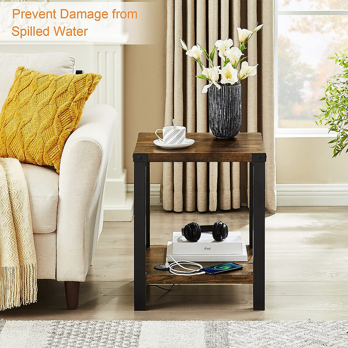 Okvnbjk Rustic End Table with Charging Station, Nightstand Side Table with Wireless Charger Pad & USB Port, Suitable for Living Room, Bedroom, Office, Small Spaces, Rustic Brown