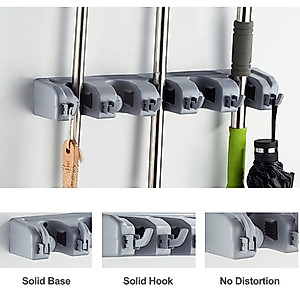 Broom Mop Rack and Garden Tool Storage Rack, ABS Material, Wardrobe Storage, Kitchen Rack, Home Finishing and Garage Storage Rack, Suitable for Rake or Mop Handle, 5 Handle Slots and 6 Hooks (Gray)