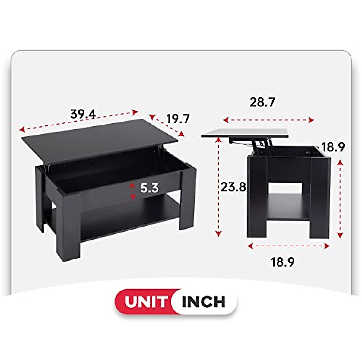 FDW Lift Top Coffee Table with Hidden Compartment and Storage Shelf Wooden Lift Tabletop for Home Living Room Reception Room Office (Black)