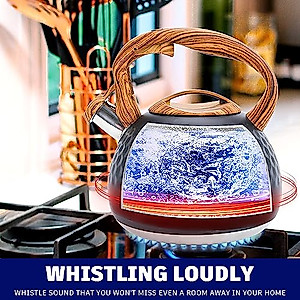 KIAADSY Tea Kettle, 3.2 Qt Stainless Steel Whistling Tea Kettle for Stove Top, Food Grade Teapot with Wood Pattern Handle for Coffee, Tea, Milk etc, Gas Electric Applicable-Black