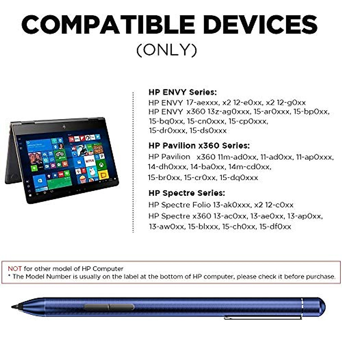 Stylus Pen for HP Envy x360 Touchscreen Laptop Pencil, HP Envy x360 15-bp0,x360 15-cn0,X2 12-e0xx,X2 12g0xx;HP Spectre x360 13-ac0xx 15-blxxx, HP Pavilion x360 11m-ad0 14M-ba0 14-cd0 15-br0