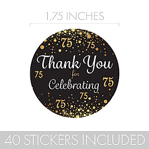 Black and Gold 75th Birthday Thank You Stickers - 1.75 in - 40 Labels