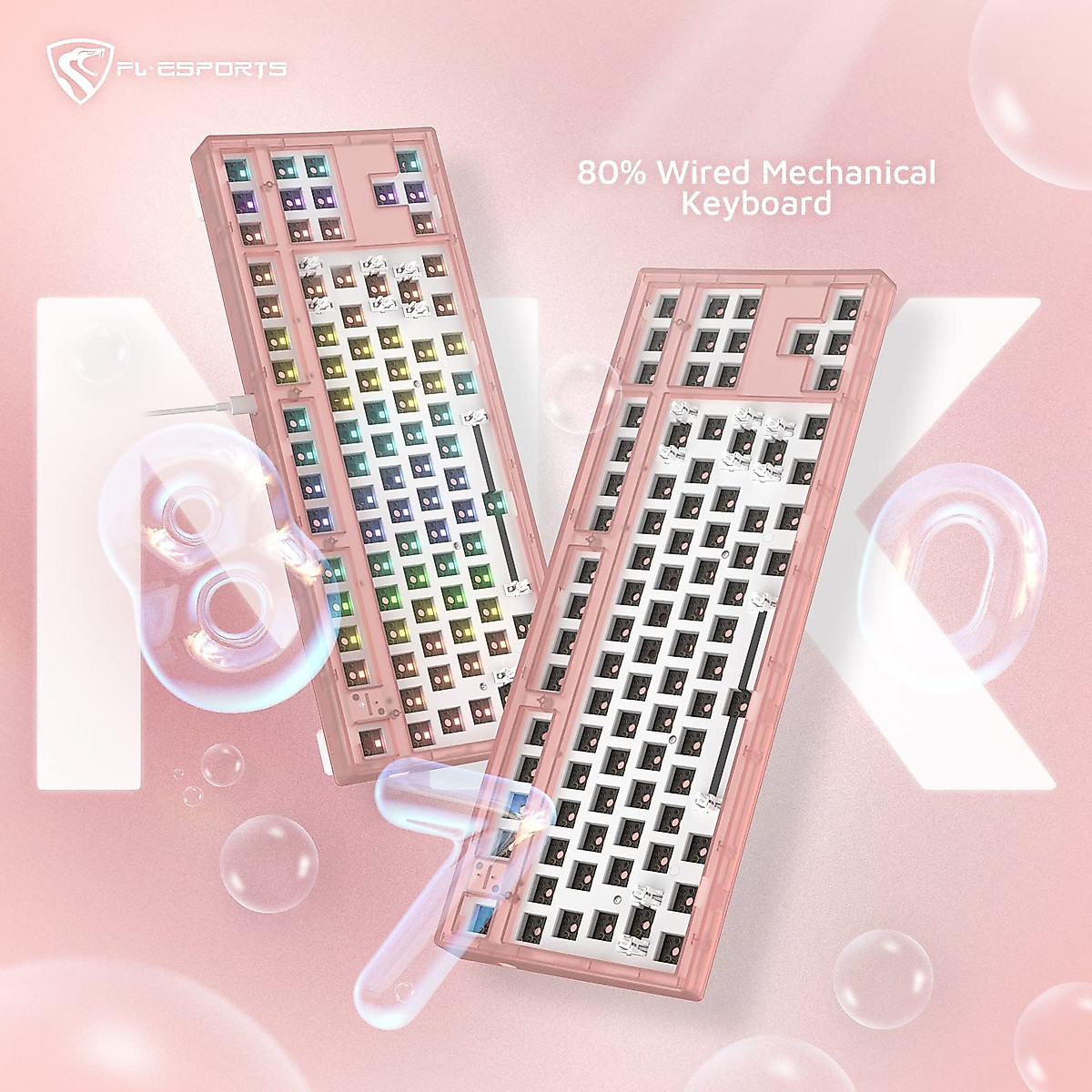 FL ESPORTS MK870 CMMK 87 Keys RGB Modular Mechanical Keyboard, 80% TKL Wired Gaming Keyboard DIY Kit w/Hot-Swap Switch Sockets (5-pin) & Customizable Software Supported (Barebones, Frosted Pink)