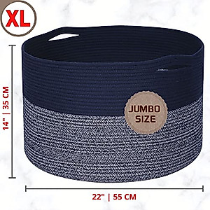 MINTWOOD Design Extra Large 22 x 14 Inches Blanket Storage Basket, Laundry Basket, Decorative Woven Cotton Rope Baskets for Blanket Storage Living Room, Toy Storage Basket Bin, Navy Blue