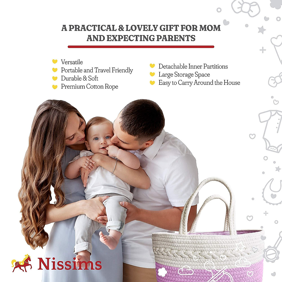 Baby Diaper Caddy Organizer Basket for Changing Table - Large Compact and Portable Woven Cotton Rope and Canvas Nursery Basket with 3 Divisions - Unisex Stylish GrayWhite - 14x8.5x7 Inches