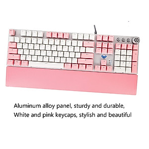 Mechanical Gaming Keyboard, with Multimedia Knob, Wrist Rest, Metal Panel, White LED Backlit, Pink and White PBT Keycaps, USB Wired Full-size Keyboard for Gamer Office PC Laptop Mac (Blue Switch)
