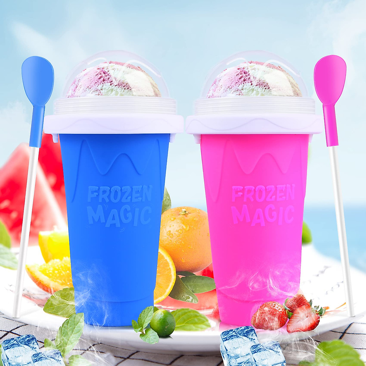 DIY Slushy Maker Cup 2 Pack, Double Layers Silica Cup,Smoothie Pinch Ice Cup, Frozen Magic Squeeze Cup, Cooling Maker Cup, Freeze Mug Tools, Portable Squeeze Icy Cup