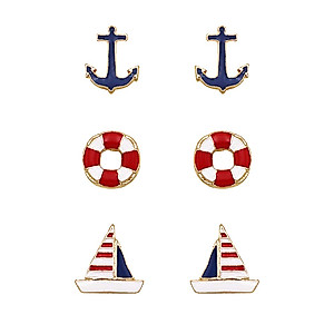 Rosemarie Collections Women's Ships Ahoy Nautical Stud Enamel Earrings Set of 3 (Anchor Lifesaver Sailboat)