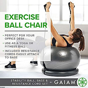 Gaiam Balance Ball, Base & Resistance Band Kit, 65cm Yoga Ball Chair, Exercise Ball with Inflatable Ring Base for Home or Office Desk, Includes Air Pump, Grey