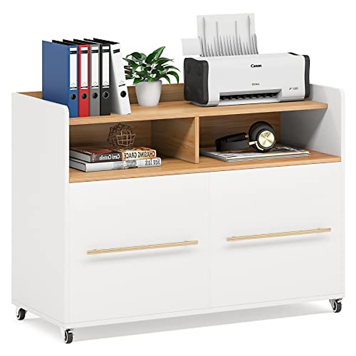 LITTLE TREE 2 Drawer File Cabinet Rolling Filing Cabinets with Wheels, Lateral File Cabinet for Letter Size, Printer Stand and Open Storage Shelves for Home Office, White