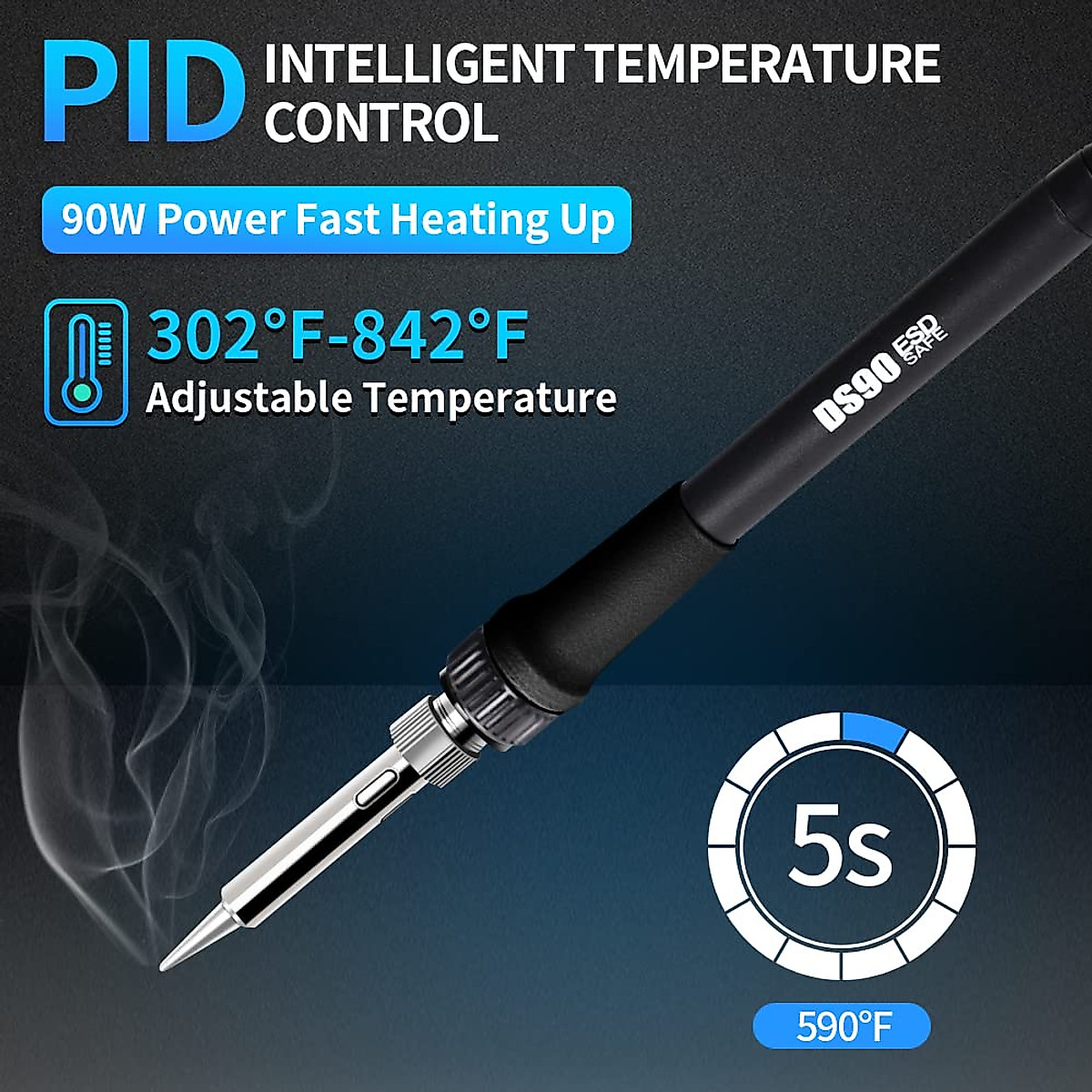 TOAUTO DS90 Soldering Station-°F & °C Dual Digital Display Soldering Iron Station Kit,90W Soldering Iron,302℉- 842℉ Temperature, Anti-Static & Grounding Wire, Auto Standby & Sleep,5 Solder Tips, Blue