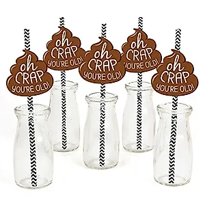Big Dot of Happiness Oh Crap, You're Old - Paper Straw Decor - Poop Birthday Party Striped Decorative Straws - Set of 24
