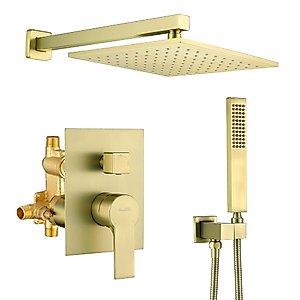 SHAMANDA Brass Rainfall Shower System, Luxuly Bathroom Shower Faucet Combo Set Brushed Gold(Including Rough-In Valve Body and Trim), L70001-3
