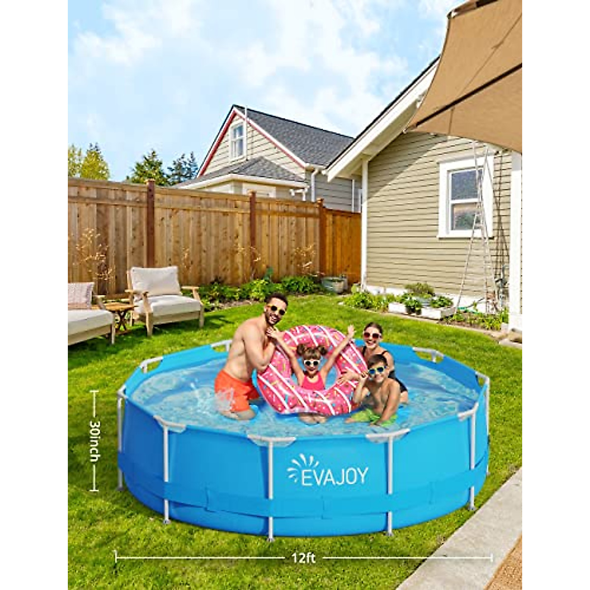 EVAJOY 12ft x 30in Metal Frame Swimming Pool, Outdoor Round Above Ground Pool with Steel Frame, Heavy-Duty PVC, Easy Assembly for Backyard, Garden, Lawn