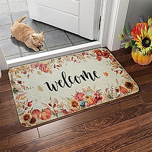 Voanos Fall Welcome Door Mat，Autumn Maple Leafs Pumpkins Theme Outdoor Entrance Doormat Non-Slip Rubber Matt for Indoor Fall Decor 17 x 30 Inch