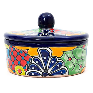 Enchanted Talavera Traditional Authentic Mexican Hand Painted Talavera Ceramic Tortilla Warmer Bowl With Lid Colorful Spanish Mexican Serveware Roti Pancakes Party Serving, Turquoise