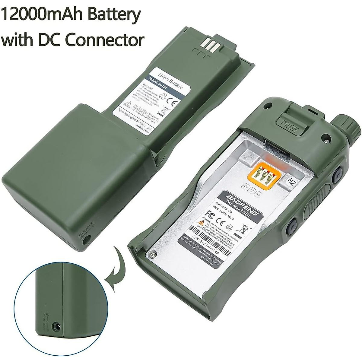 Baofeng AR-152 Original Battery BL-152 Li-ion Extend Battery Large Capacity Compatible with AR-152 Tactical Walkie Talkie Support USB Charger(2Pack,Green)