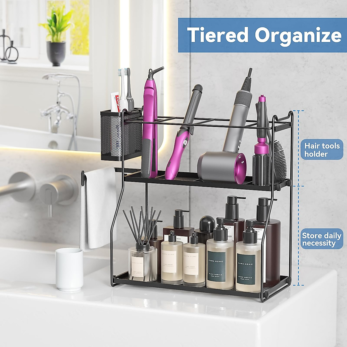 CLESOO 2-in-1 Bathroom Countertop Organizer - Multifunctional Countertop Shelf with Basket and Toilet Paper Holder - Bathroom and Kitchen Organizer for Hair Dryer, Cosmetics and Toiletries
