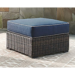 Signature Design by Ashley Grasson Lane Outdoor Patio Upholstered Ottoman with Wicker Base, Blue