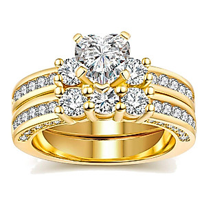 2 Rings His and Hers Couple Rings Bridal Sets Yellow Gold Filled Heart Cz Womens Wedding Ring Sets Man Wedding Bands