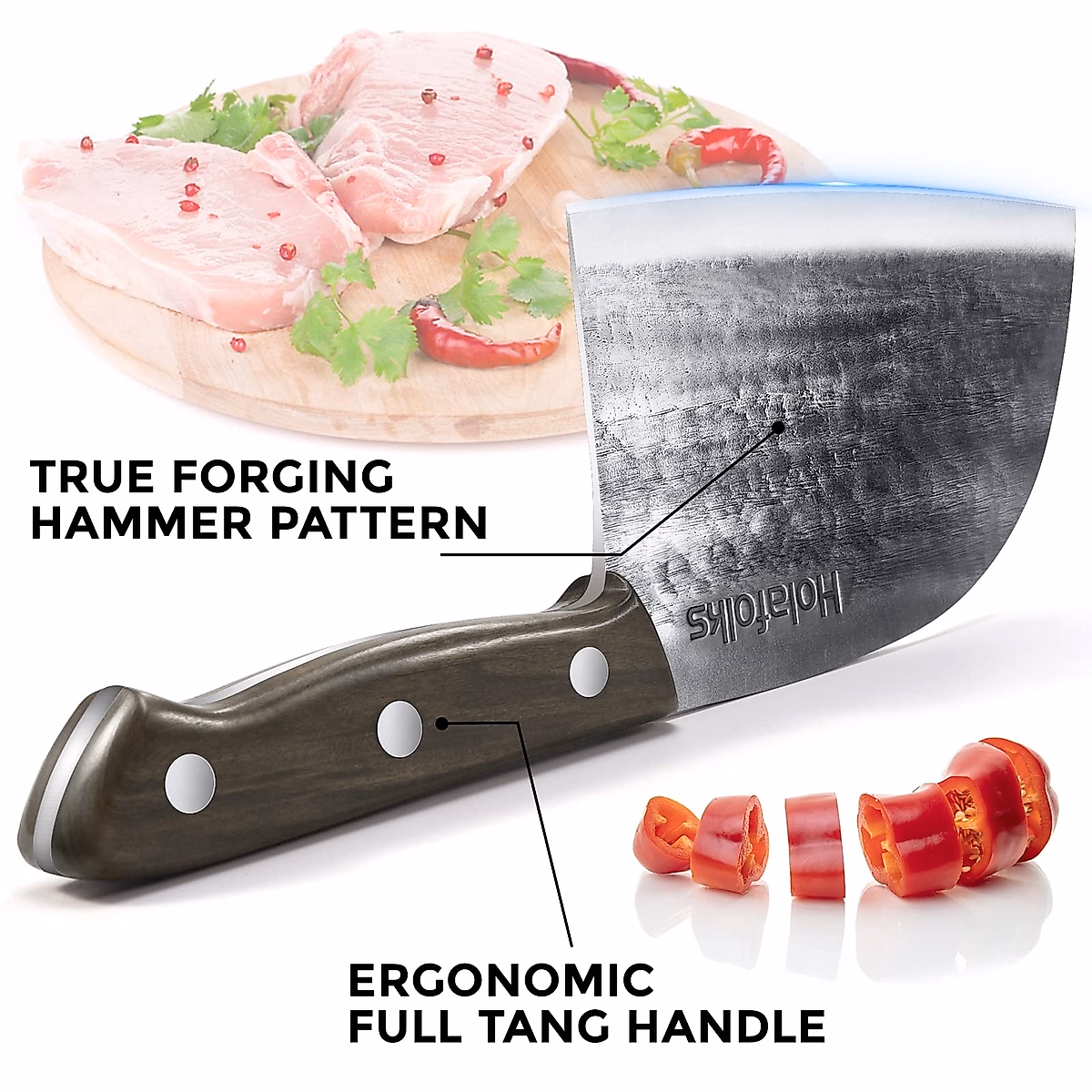 HolaFolks Serbian Chef Knife, Anti-Rust Oil Coating Kitchen Cooking Knife with Sheath, Dividing Knife Hand Forged High Carbon Steel Butcher Knife for Home Kitchen Restaurant Cooking Camping