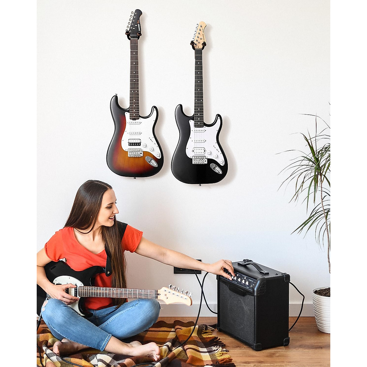 Donner Guitar Wall Mount Hanger 6-Pack, Black Walnut Guitar Wall Holder for Acoustic Electric Guitars, Bass, Folk Ukulele, Violin, Mandolin Banjo and String Instruments