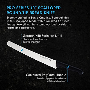 Messermeister Pro Series 10” Scalloped Round-Tip Bread Knife - German X50 Stainless Steel & NSF-Approved PolyFibre Handle - 15-Degree Edge, Rust Resistant & Easy to Maintain - Made in Portugal