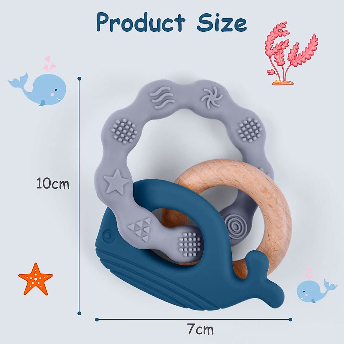 Vicloon Baby Teether Toys, Silicone & Natural Wood Teether Ring, Baby Teething Toys for Babies 3 Months+, Silicone Chewable Rings for Newborn Gift（Blue）