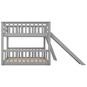 Harper & Bright Designs Full over Full Bunk Bed with Slide and Ladder, Wooden Low Bunk Bed, Kids Floor Bunk Bed Frame - Gray