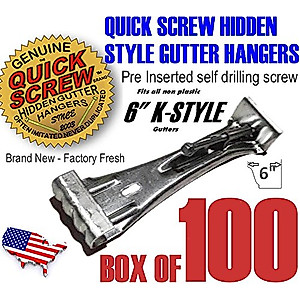 Quick Screw 6" inch Aluminum Hidden Rain Gutter Bracket Hook Clip Style Hangers with pre Inserted 3" Long ¼" hex Head self Drilling Screw (100 Per Package)