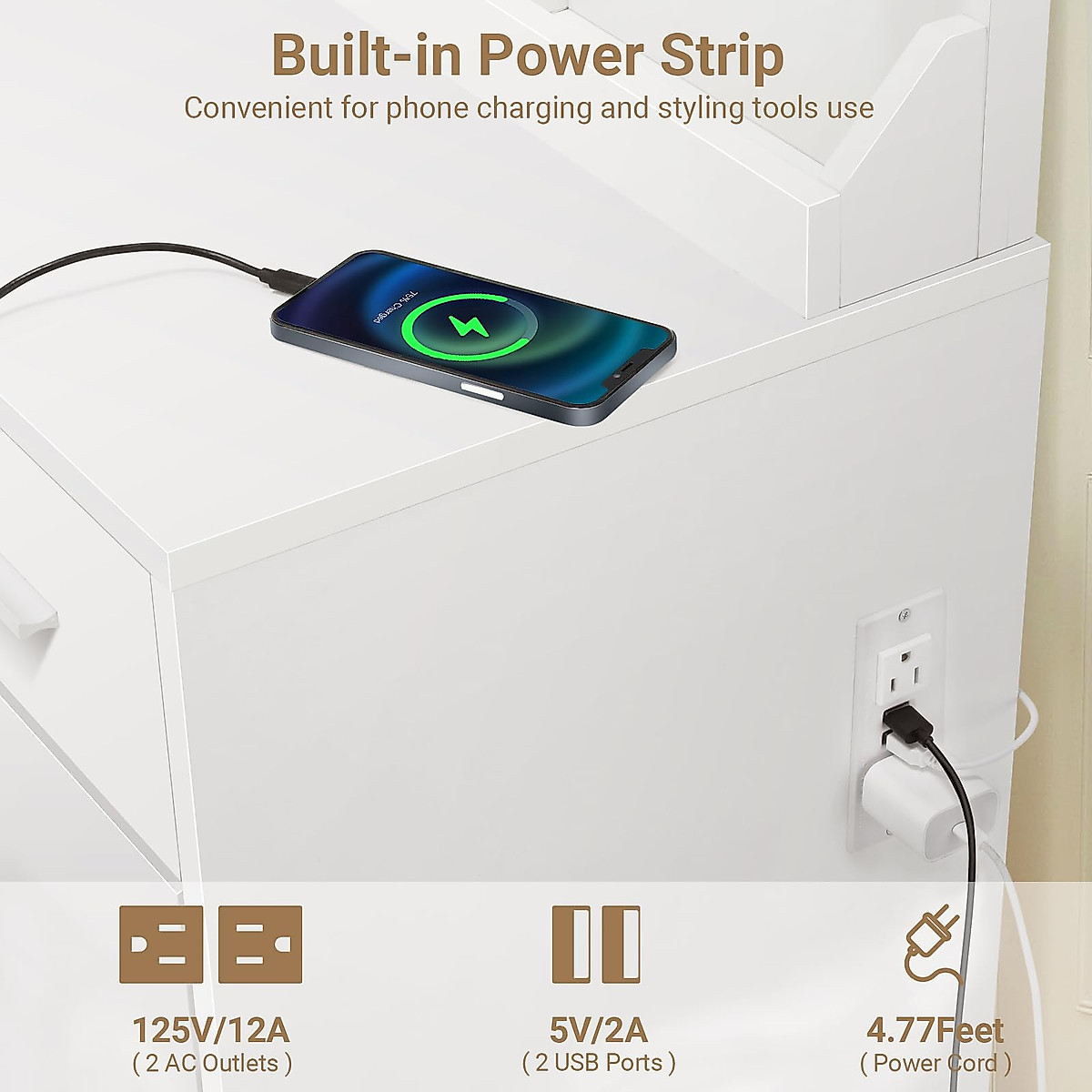 Likein Vanity Desk with Mirror and Lights, Makeup Vanity Desk with Lights, Modern Dressing Table with Charging Station 2 Drawers & Cabinet for Girls Women