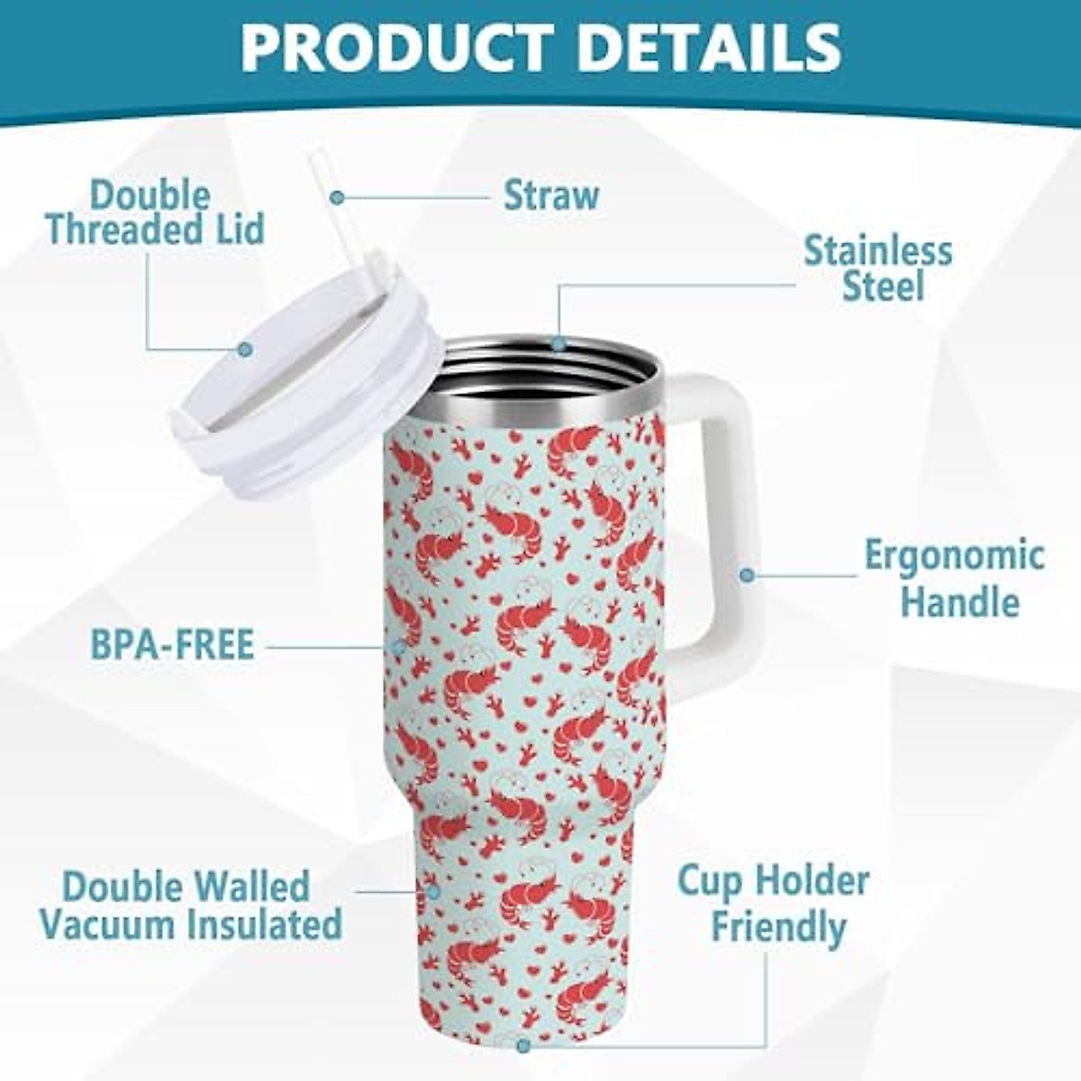 Slewiaeky Tumbler with Handle 40 oz Colored Lobster Shrimp Travel Mug with Lid and Straw Crayfish Stainless Steel Vacuum Insulated Water Bottle Cup for Iced Tea Coffee Cold Beverages Cup Holder Frien