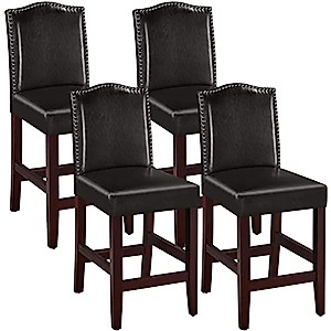 Yaheetech Bar Stools Kitchen Counter Height Stools 26 Inch High Back Leather Pub Chairs Wood Wooden Barstools Brown, 4PCS (Package 2)