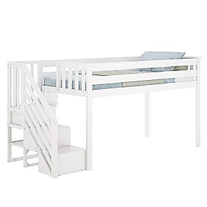Max & Lily Low Loft Bed, Twin Bed Frame For Kids With Stairs, White