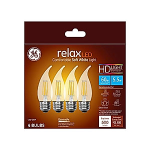 GE Relax LED Light Bulbs, 60W, Soft White Candle Lights, Clear Decorative Bulbs, Medium Base (4 Pack)