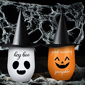 Suttmin 2 Sets Halloween Insulated Wine Tumbler Good Morning Pumpkin Cute Holiday Drink Cup Stainless Steel Insulated Tumbler with Lid, Straw and Brush for Hot and Cold Drinks Birthday Gift, 12 oz