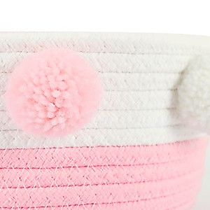 RengaoRise Small Pink Basket with Pompoms, 10.6" x 9.8" x 4.3" Oval Decorative Cute Cotton Rope Woven Baby Basket for Diapers, Towels, Hair Accessories,Toys, Gifts, Basket Empty to Fill for Baby Shower, Nursery, Birthday