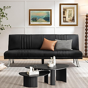 VECELO Modern, Convertible Folding Sleeper Couches Faux Leather Living Room Futon Sofa Bed, Dark Black