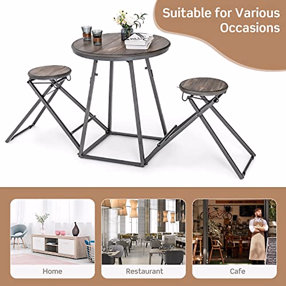 COSTWAY Bar Table and Stools Set of 3, Round Pub Bistro Table with 2 Foldable Stools, Heavy-Duty Steel Frame, Modern Table and Chairs Set for 2, Kitchen Dining Set for Apartment, Restaurant, Bar
